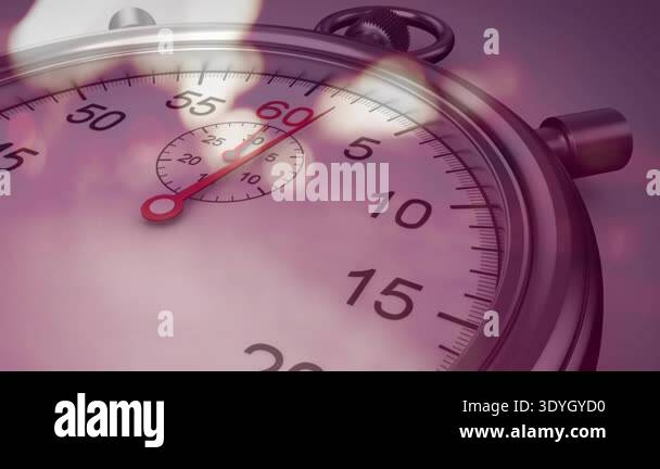 Timer starting, stopwatch face sweeping clockwise with red hand, clouds ...