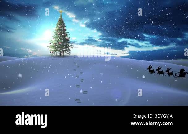 Snowflakes drifting triggers Santa sleigh passing tree, reindeer ...