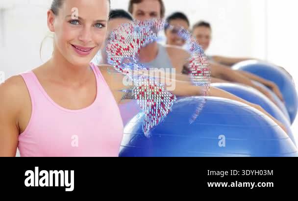 Lead woman leaning on blue ball, particle globe forming, sweeping balls ...