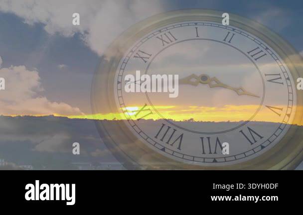 Antique clock face rotating clockwise while golden horizon band ...