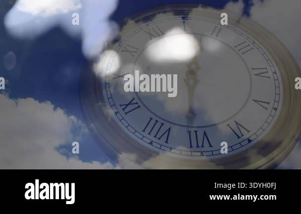 Clouds drifting, reflecting on faint Roman numeral clock, hands ...