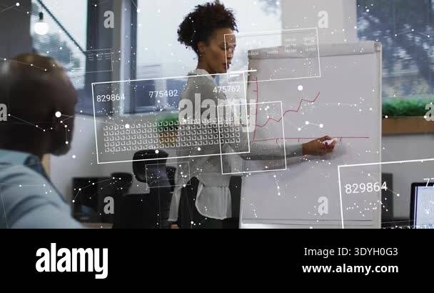 Woman drawing baseline uptrend in business, marker touching chart with ...