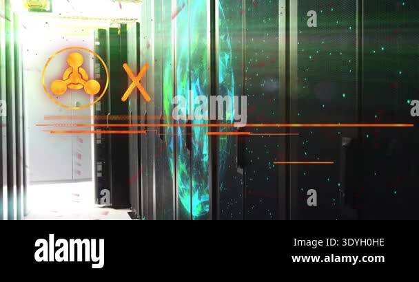Alert interface emerging on servers warning icon fading, pulsing data ...