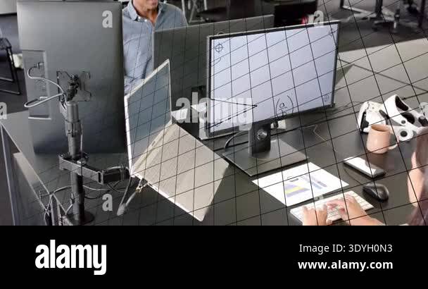Seated female typing, male watching, education overlay forming triangle ...