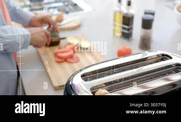 Man chopping kitchen veg, reaching toaster after inserting bread, math ...