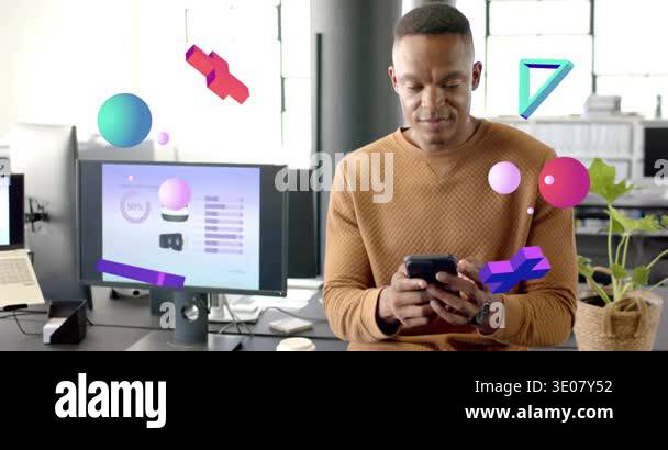 Man sitting at desk tapping phone, viewing dashboard, smiling, making ...