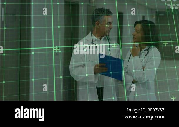 Male doctor showing blue file, female consulting patient notes, green ...
