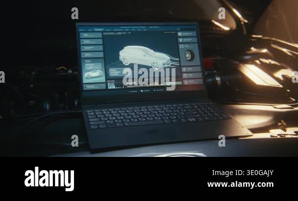 Laptop Screen, Positioned Inside Engine Bay, Displays Sophisticated 3D ...