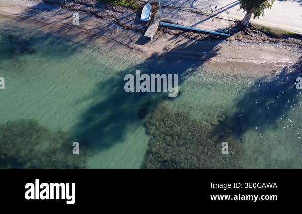 Clear coastal water reveals rocks seaweed and sandy seabed near a ...
