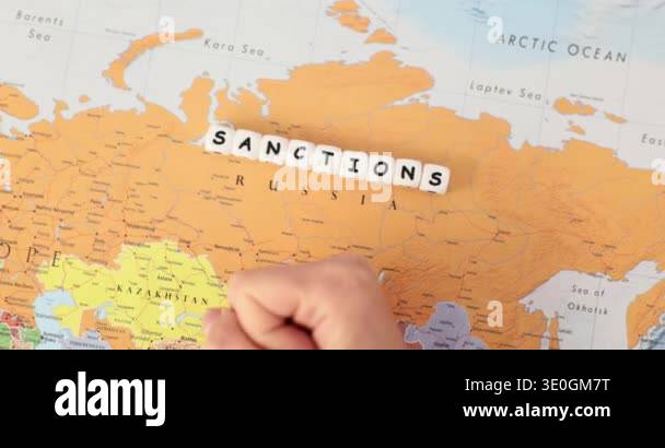 World map of Russia with inscription sanctions. Concept of economic ...