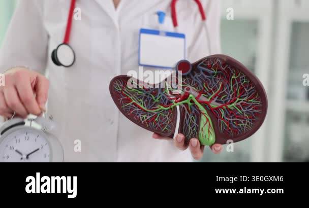 Doctor is holding anatomical model of liver and an alarm clock. Liver ...