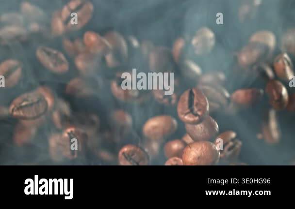 Super slow motion Coffee beans with smoke . Filmed on a high-speed ...