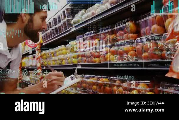 Male retail clerk per checklist checking packaged fruit and noting ...
