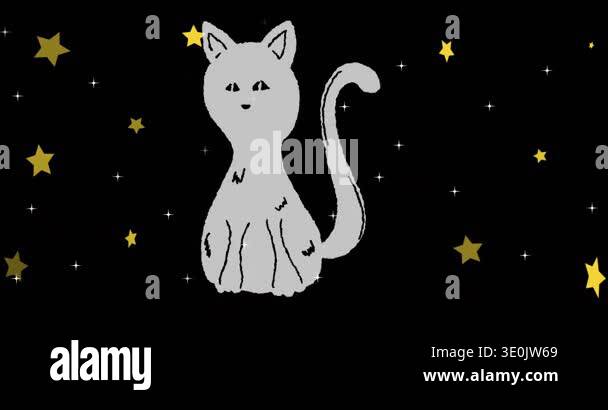 Loop starting sketch grey cat sitting while gold stars flickering to ...