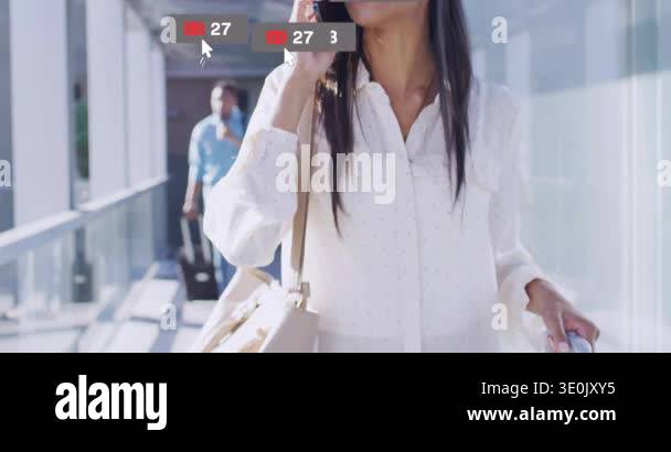 Woman walking glass walkway talking on phone sparking social icons ...