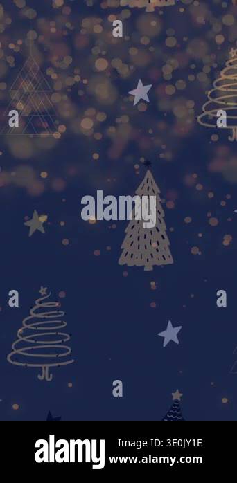 Animation of snow falling over christmas trees and stars in winter ...