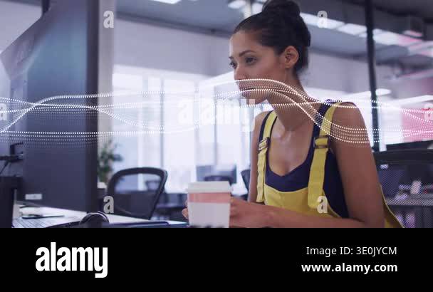 Woman seeing chart update leaning studying hovering cup dotted waveform ...