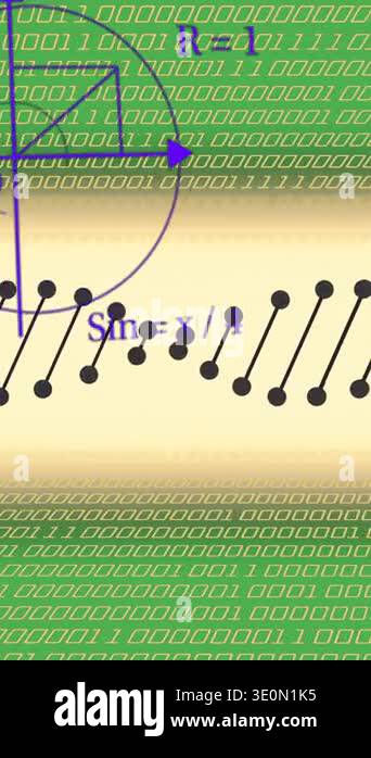 Mathematical formulas and binary code over DNA strand illustration ...