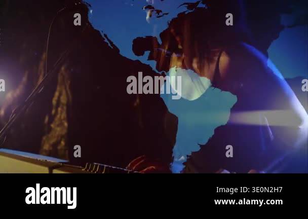 Woman musician performing keyboard leaning to mic, pressing keys ...