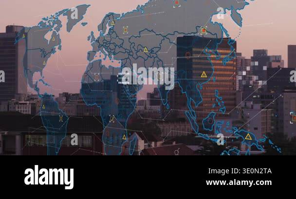 Faint world map fading-in over city, overlay growing and HUD nodes ...