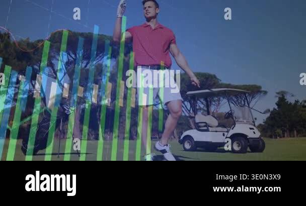 Golfer shading eyes from sun, walking past golf cart preparing swing ...