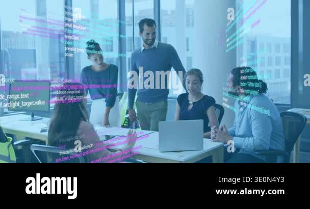 Team opening laptop and reviewing code, animated code overlays guiding ...