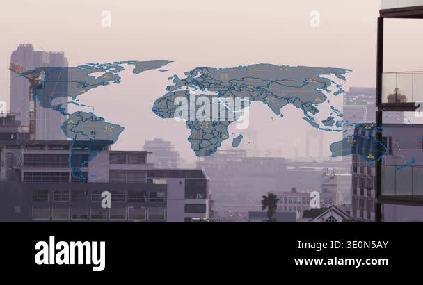 Dawn haze revealing translucent world map overlay over skyline ...