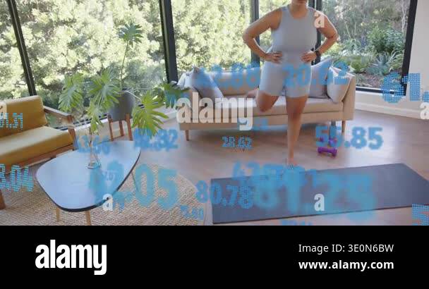 Woman starting fitness workout, performing lunges on mat while blue ...