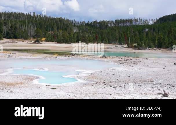Blue geothermal pools steaming across mineral basin landscape in ...