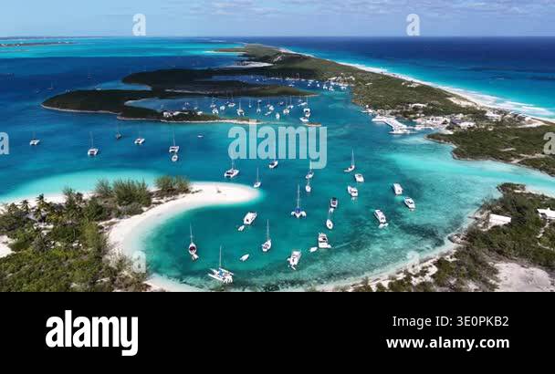 Aerial view of Stocking Island in Elizabeth Harbour with boats in the ...