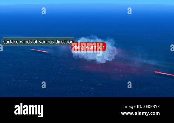 3d animation of tropical cyclone formation showing warm ocean, rising ...