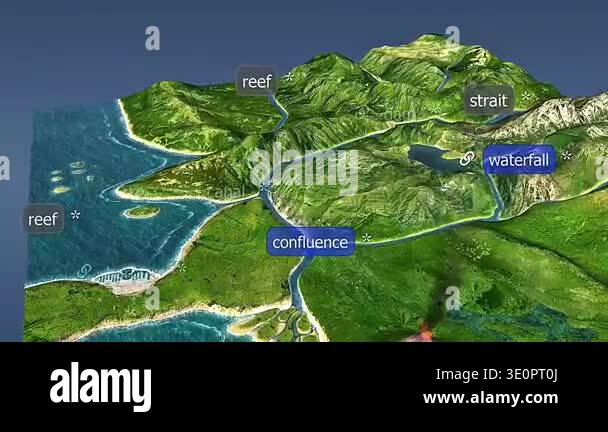3d animation of water system geography showing rivers, lakes, wetlands ...