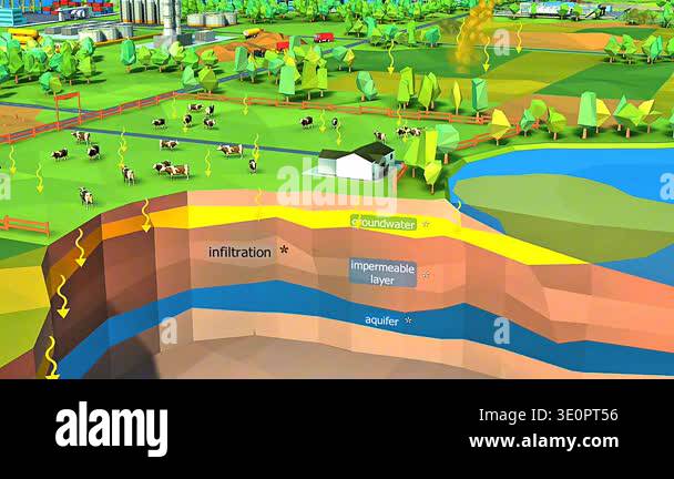 3d animation of ground cross section showing polluted water absorbed ...