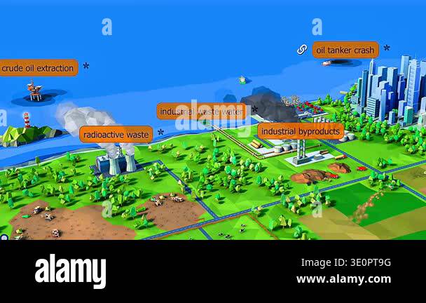 3d animation of industrial pollution showing factory emissions ...