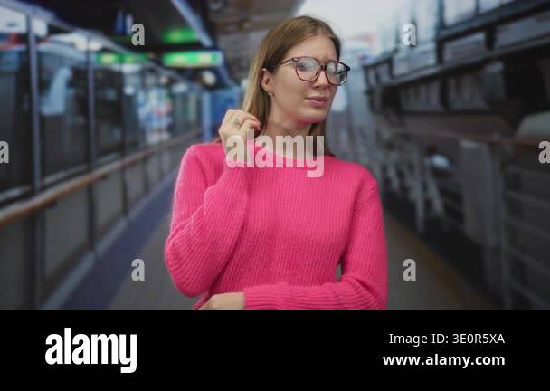 Young blonde woman in pink sweater pinched nose and grimaced reacting ...
