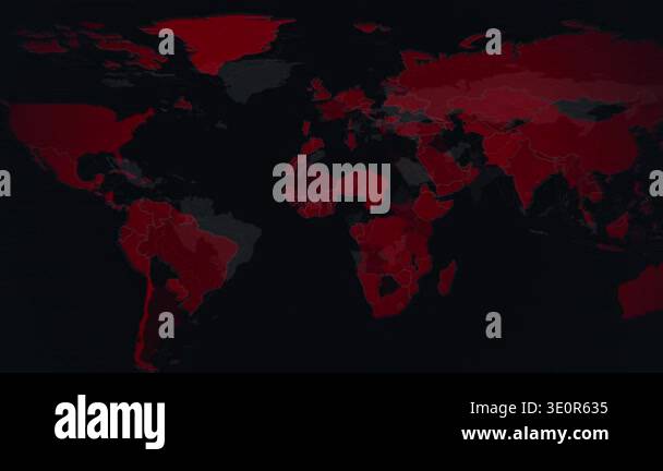 Animated world map with zoom and red flickering countries, dramatic ...