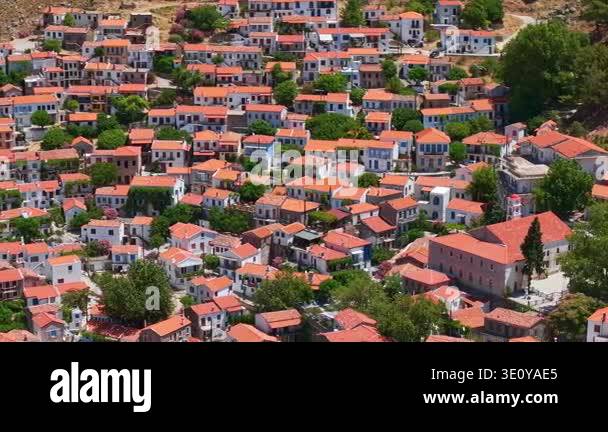 Aerial view of Chora on Samothraki island, Greece, the traditional ...