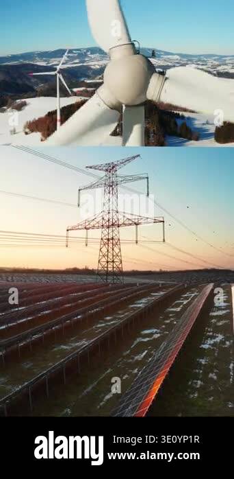Vertical video collage of wind, solar and electricity transmission in ...