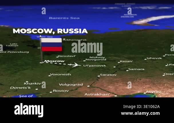 Flight From Moscow RUSSIA to Tokyo JAPAN with flag pins Stock Video ...