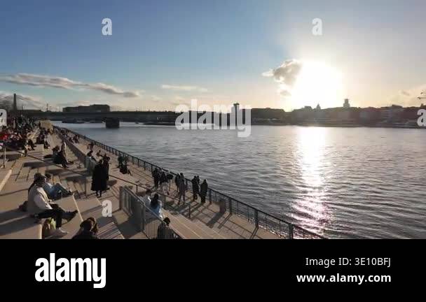 Cologne Rhine River Promenade at Sunset People Relaxing on ...