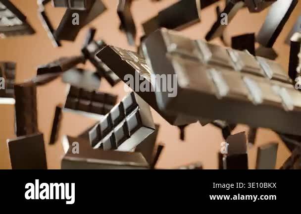 3D animation of dark chocolate bars falling and floating in the air ...