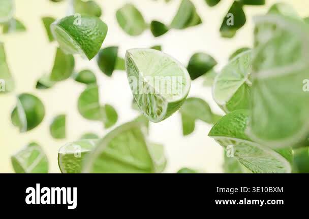 3D animation of fresh green lime slices falling and floating in the air ...