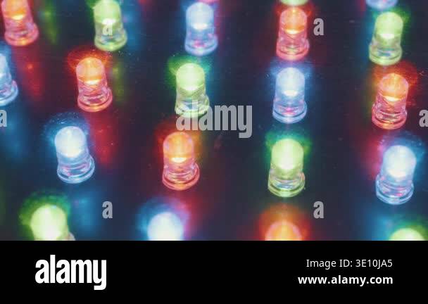 Macro shot of a panel with flashing RGB LED lights changing colors in a ...