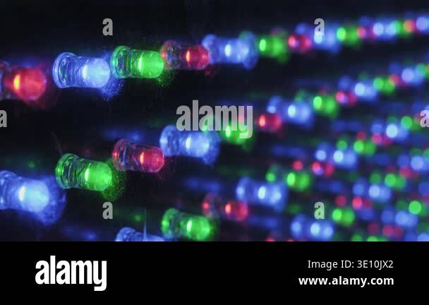 Macro diagonal view flashing RGB LED pixel screen showing individual ...