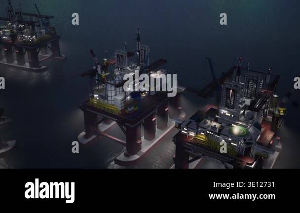 Offshore oil platform facilitating seabed drilling under green aurora ...