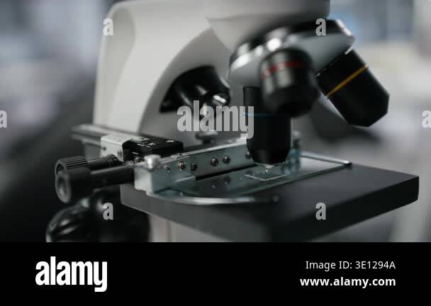 Close up of microscope on workbench in sterile empty hospital ...