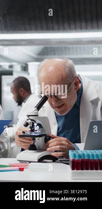 Vertical video Team of cytotechnologist analyzing bacterial culture ...