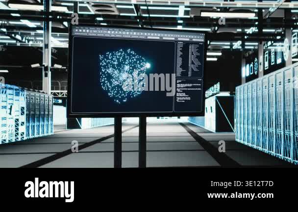 Data center AI technology on monitor overseeing blue wireframe mesh ...