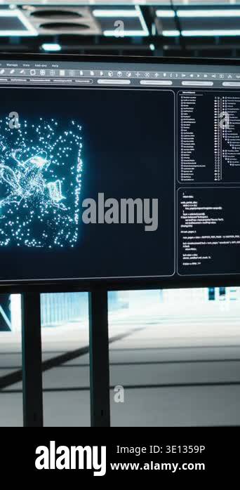 Vertical video Monitor in empty data center and AR visualization used ...