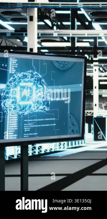 Vertical video Data center AI technology on monitor overseeing blue ...
